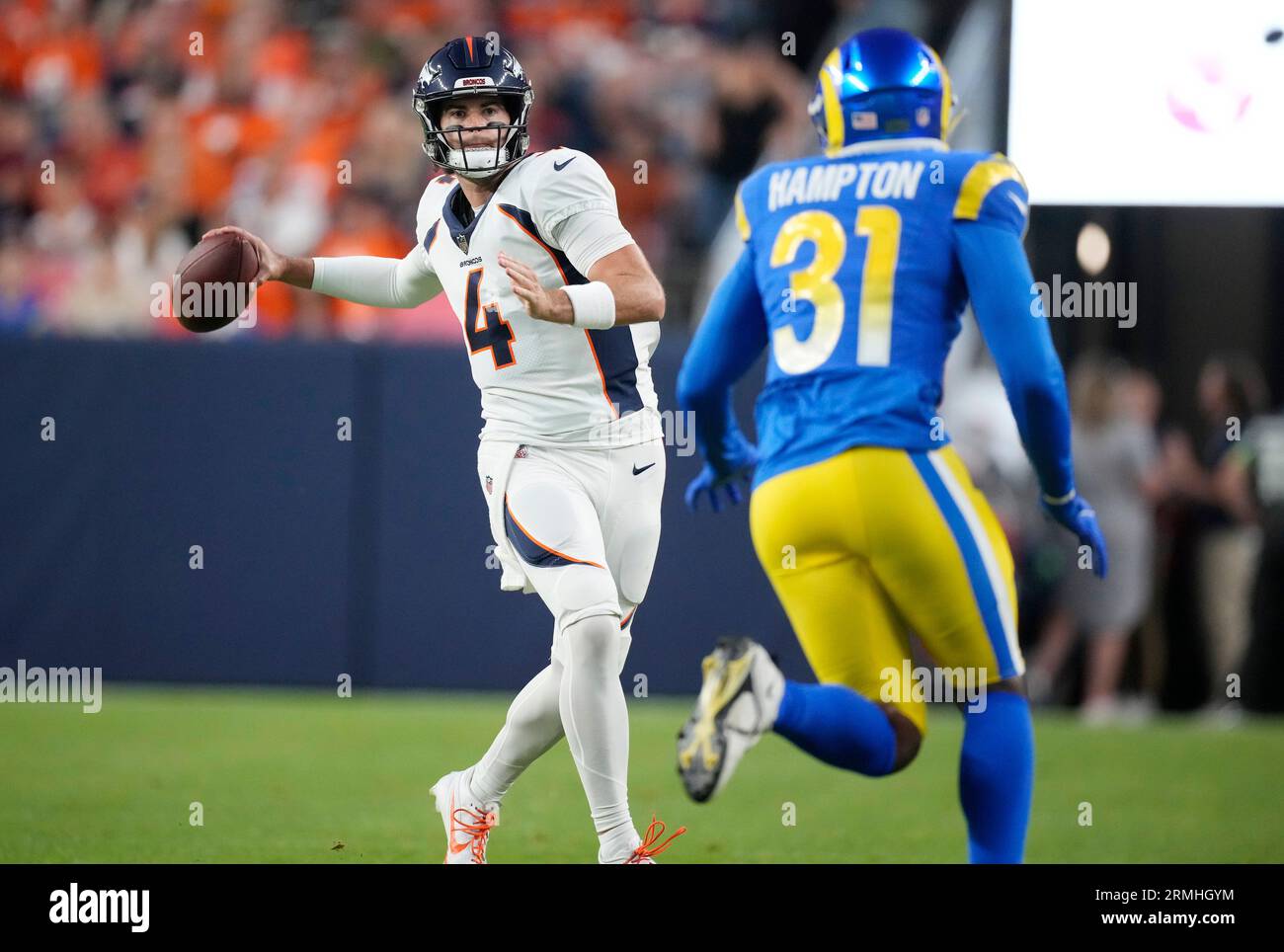Denver Broncos quarterback Jarrett Stidham (4) in the first half of an NFL preseason football ...