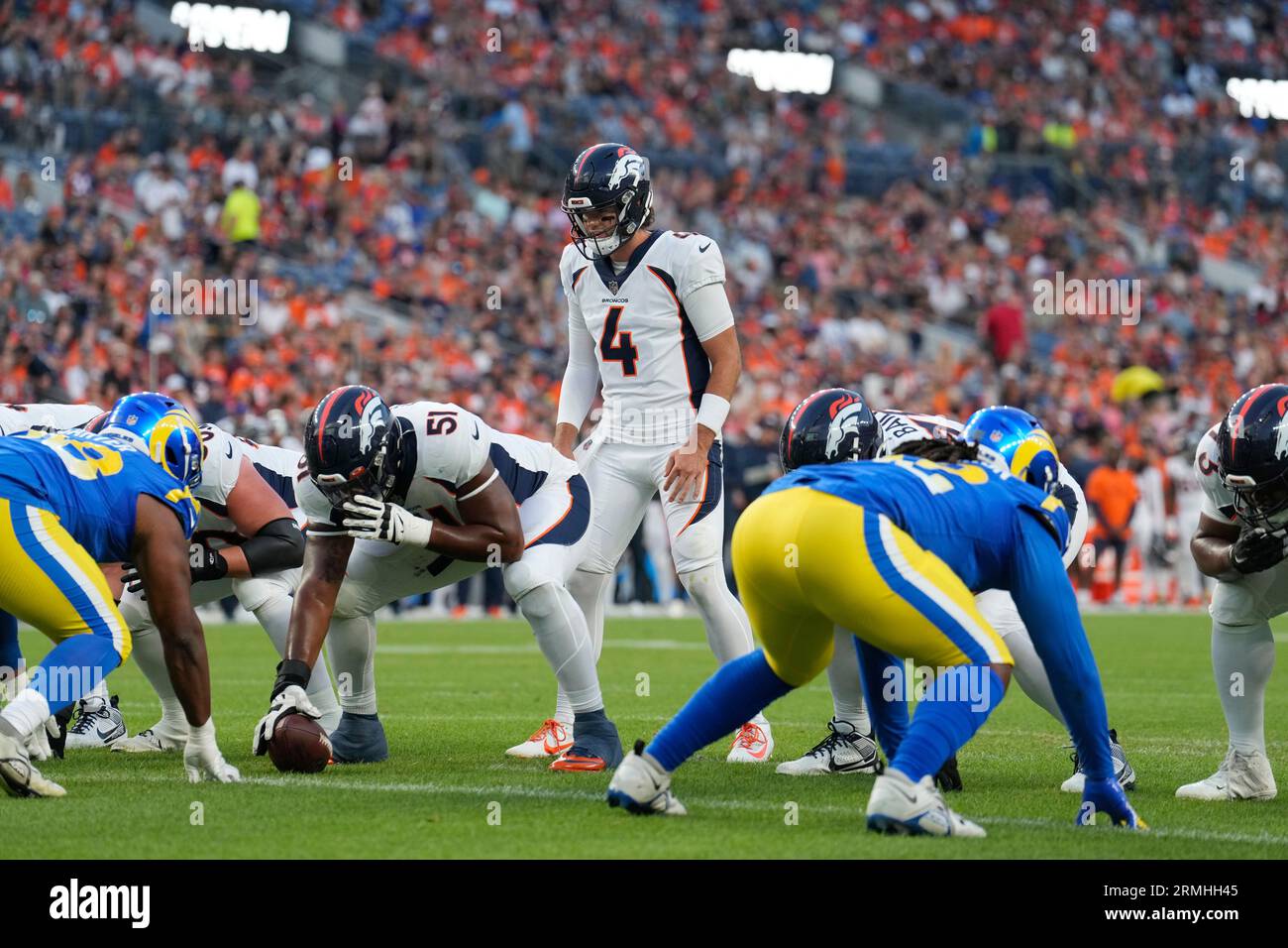Denver Broncos quarterback Jarrett Stidham (4) in the first half of an ...