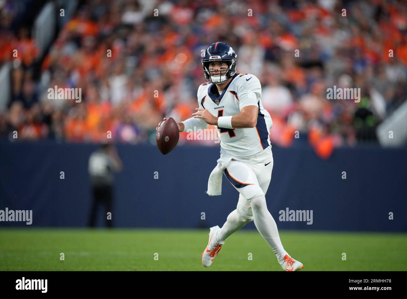 Denver Broncos quarterback Jarrett Stidham (4) in the first half of an ...