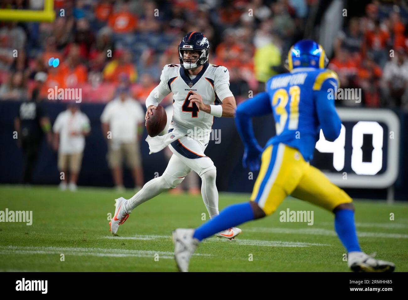 Denver Broncos quarterback Jarrett Stidham (4) in the first half of an NFL preseason football ...