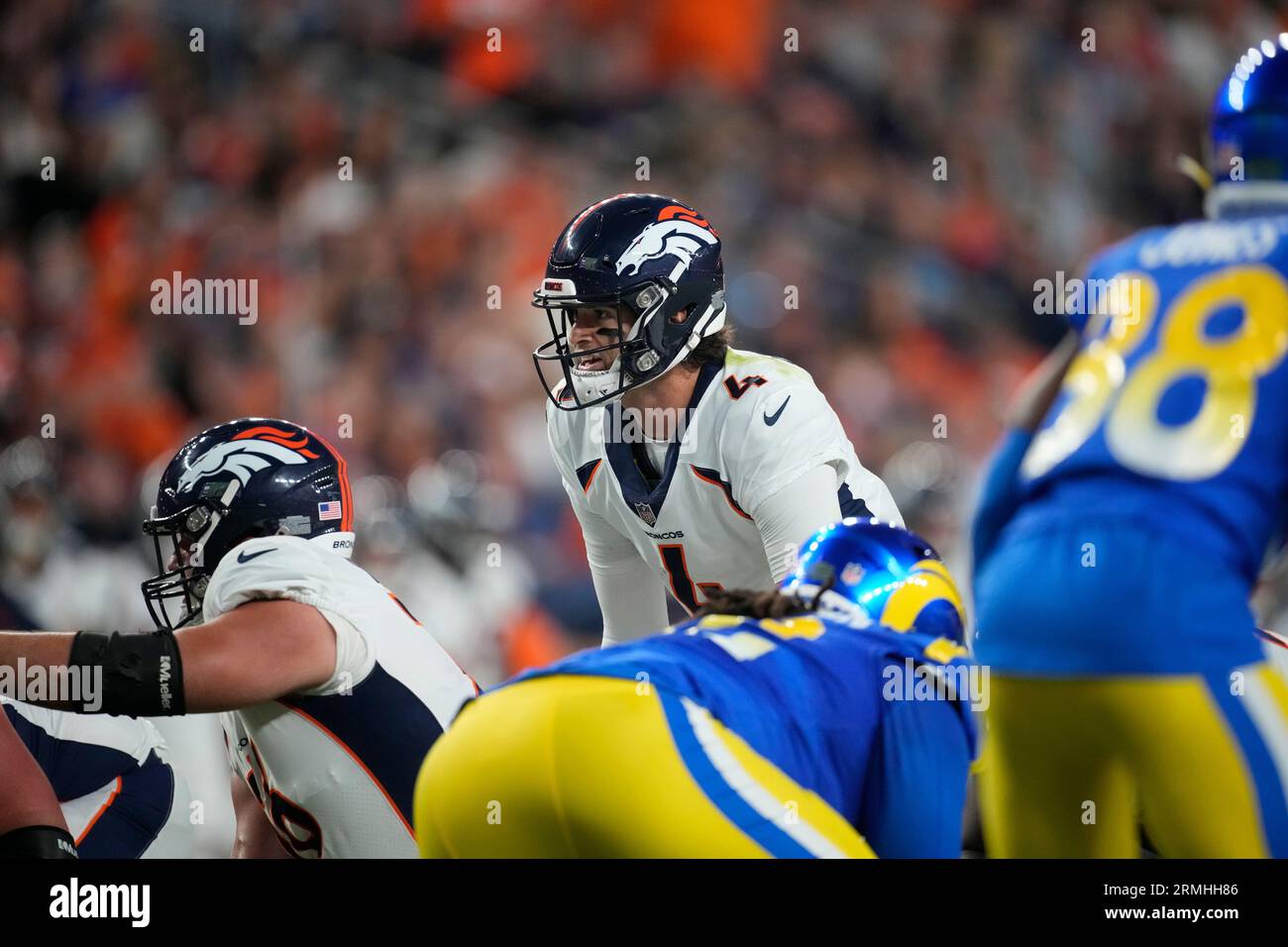 Denver Broncos quarterback Jarrett Stidham (4) in the first half of an NFL preseason football ...