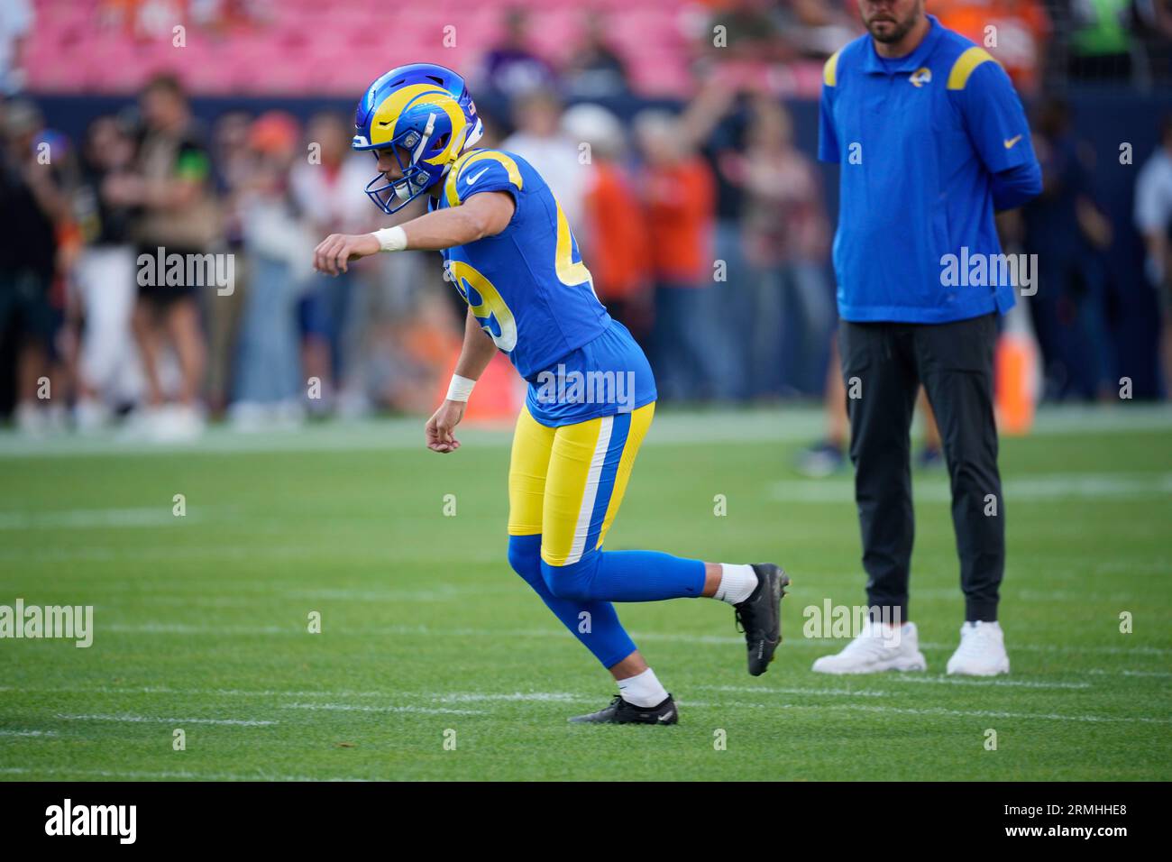 Los Angeles Rams place kicker Tanner Brown (49) warms up before an NFL preseason football game ...