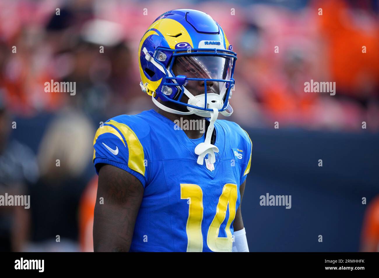 Los Angeles Rams wide receiver Tyler Johnson (14) warms up before an ...