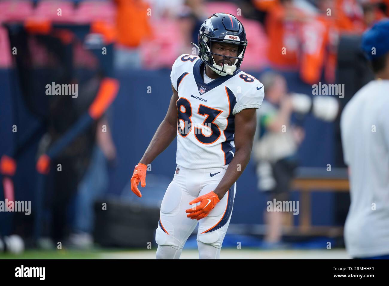 Denver Broncos wide receiver Marvin Mims Jr. (83) warms up before an NFL preseason football game ...