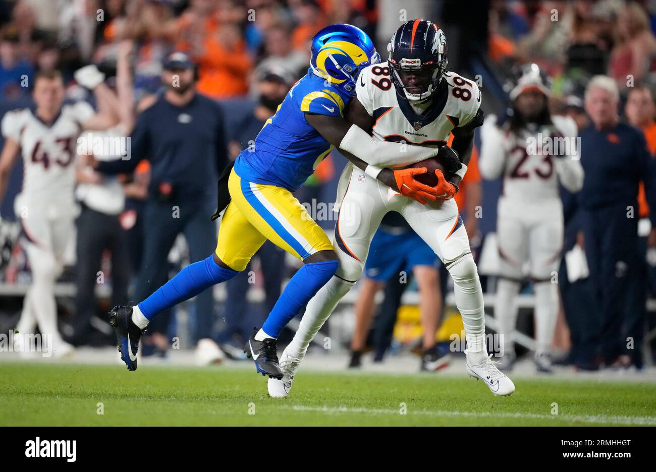 Los Angeles Rams cornerback Robert Rochell (8) stops Denver Broncos ...