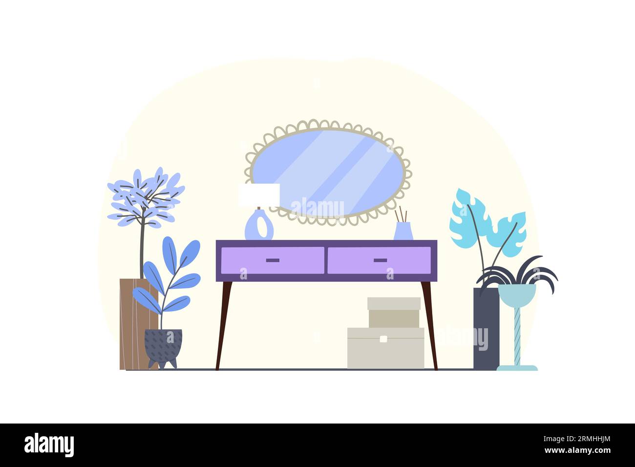 Dressing table with mirror and house plants in pastel colours background. Flat style ...