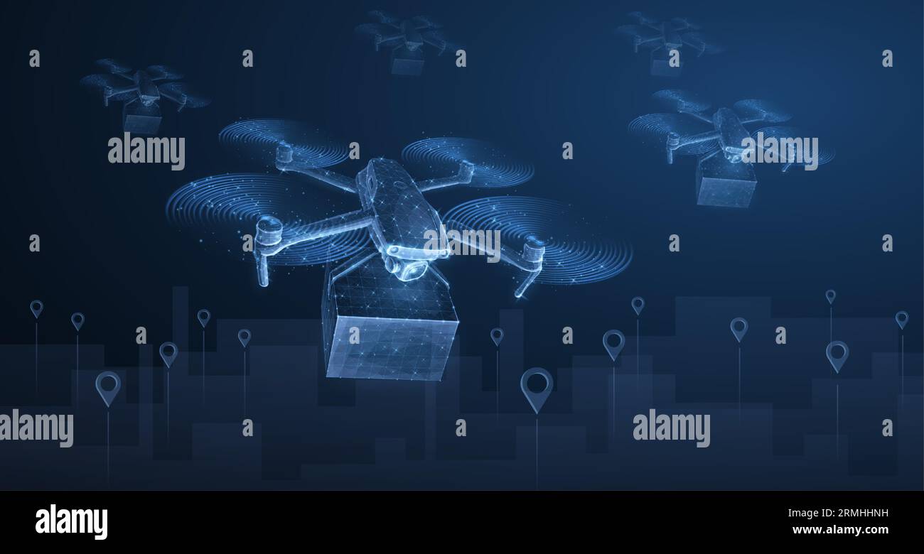 Drone. Low pole 3D drone on cityscape with pins. Futuristic box ...