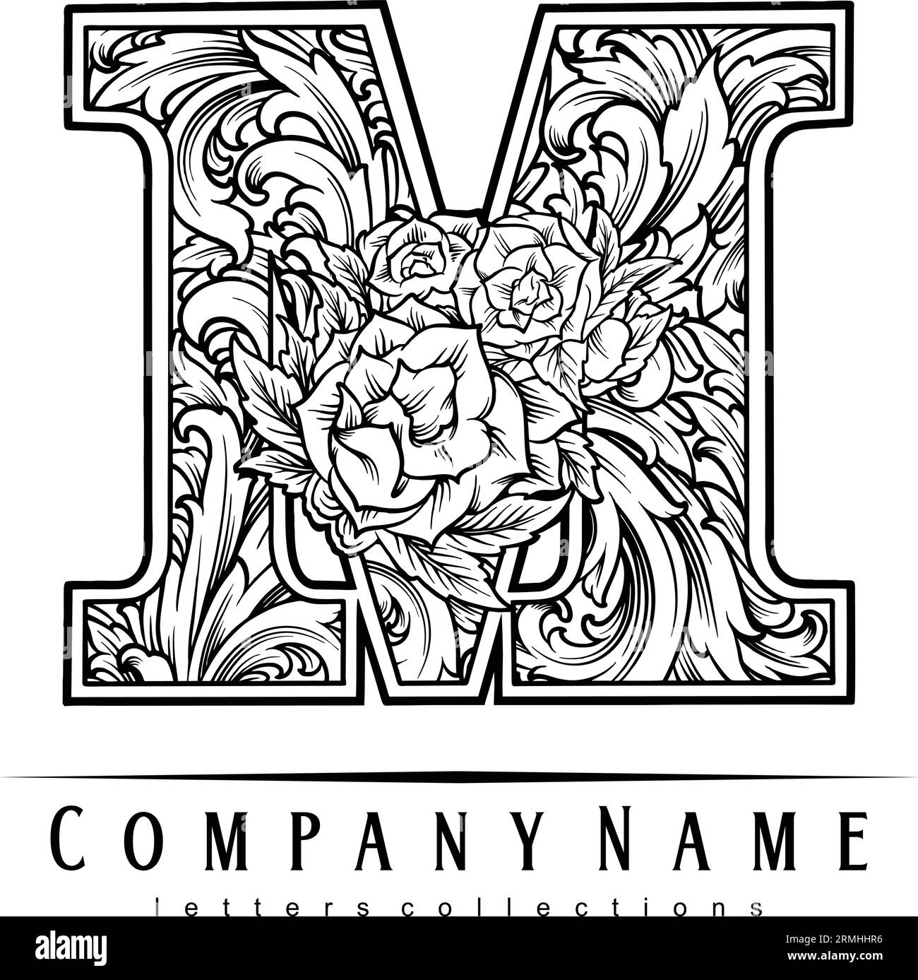 Classic elegant majestic lettering M monogram Illustration monochrome ...