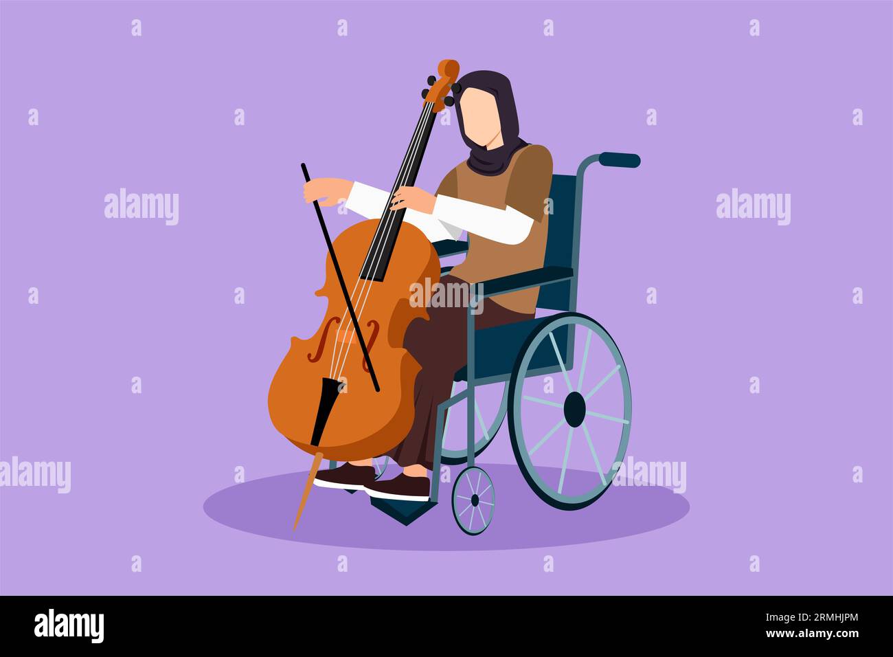 Graphic flat design drawing Arab woman sitting in wheelchair plays ...
