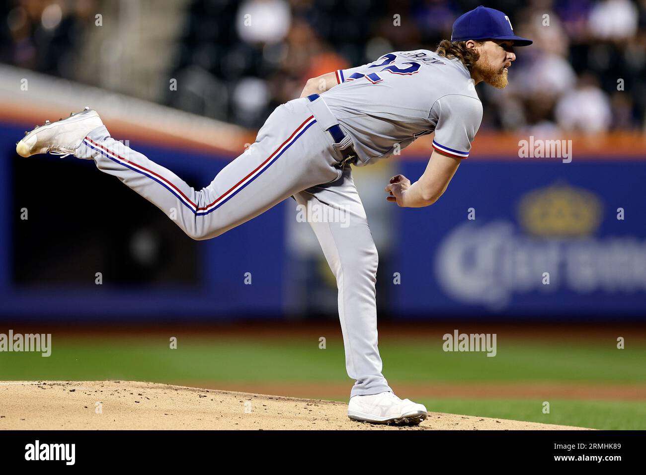 Texas Rangers pitcher Jon Gray throws against the New York Mets during ...