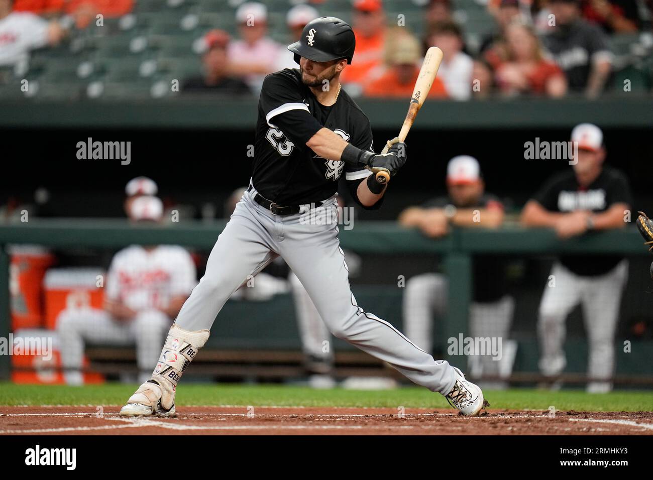 Chicago White Sox's Andrew Benintendi swings at a pitch from the ...