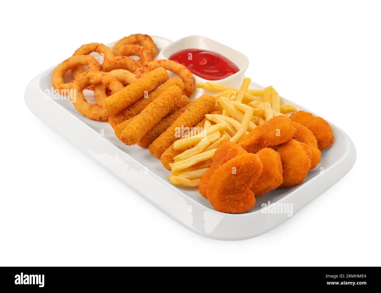 Different delicious fast food served with ketchup on white background ...
