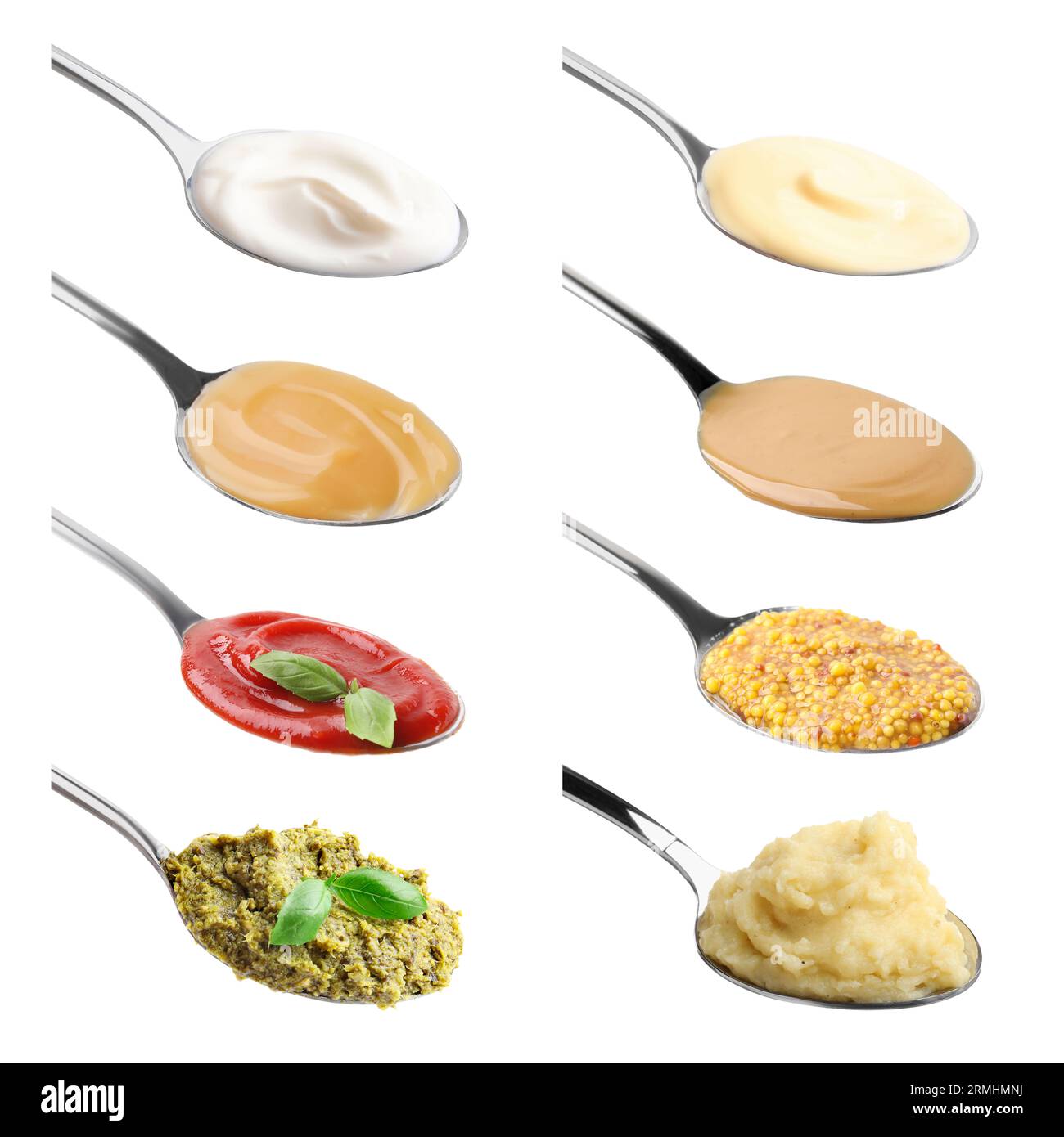 Set of spoons with different food isolated on white Stock Photo - Alamy