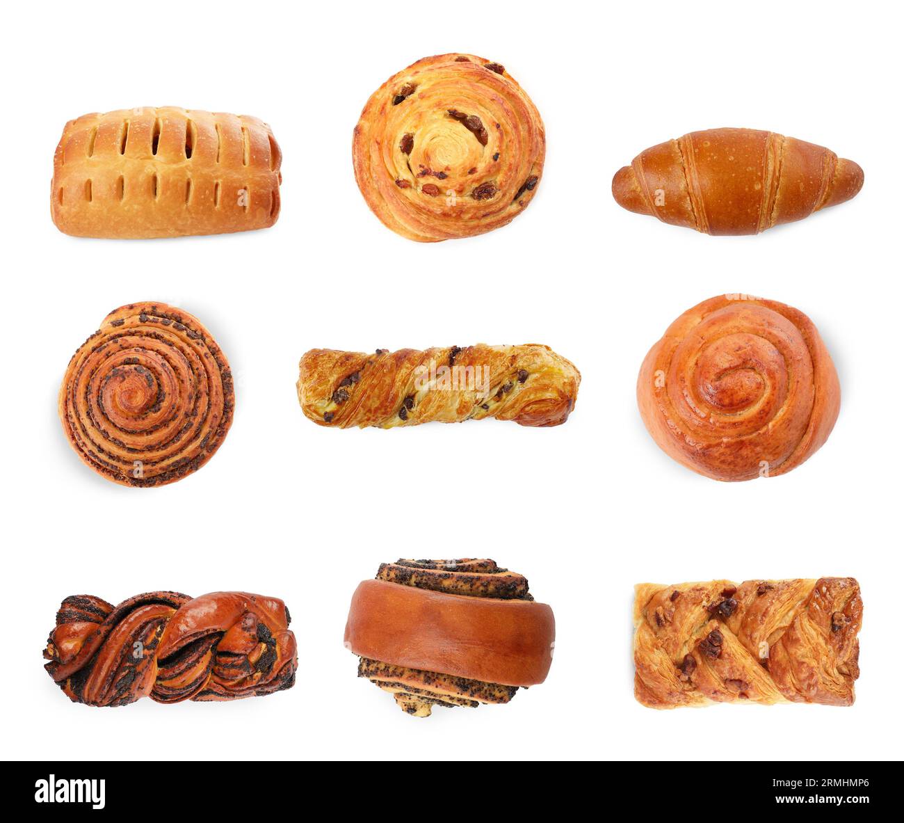 Set with different freshly baked pastries isolated on white, top view ...
