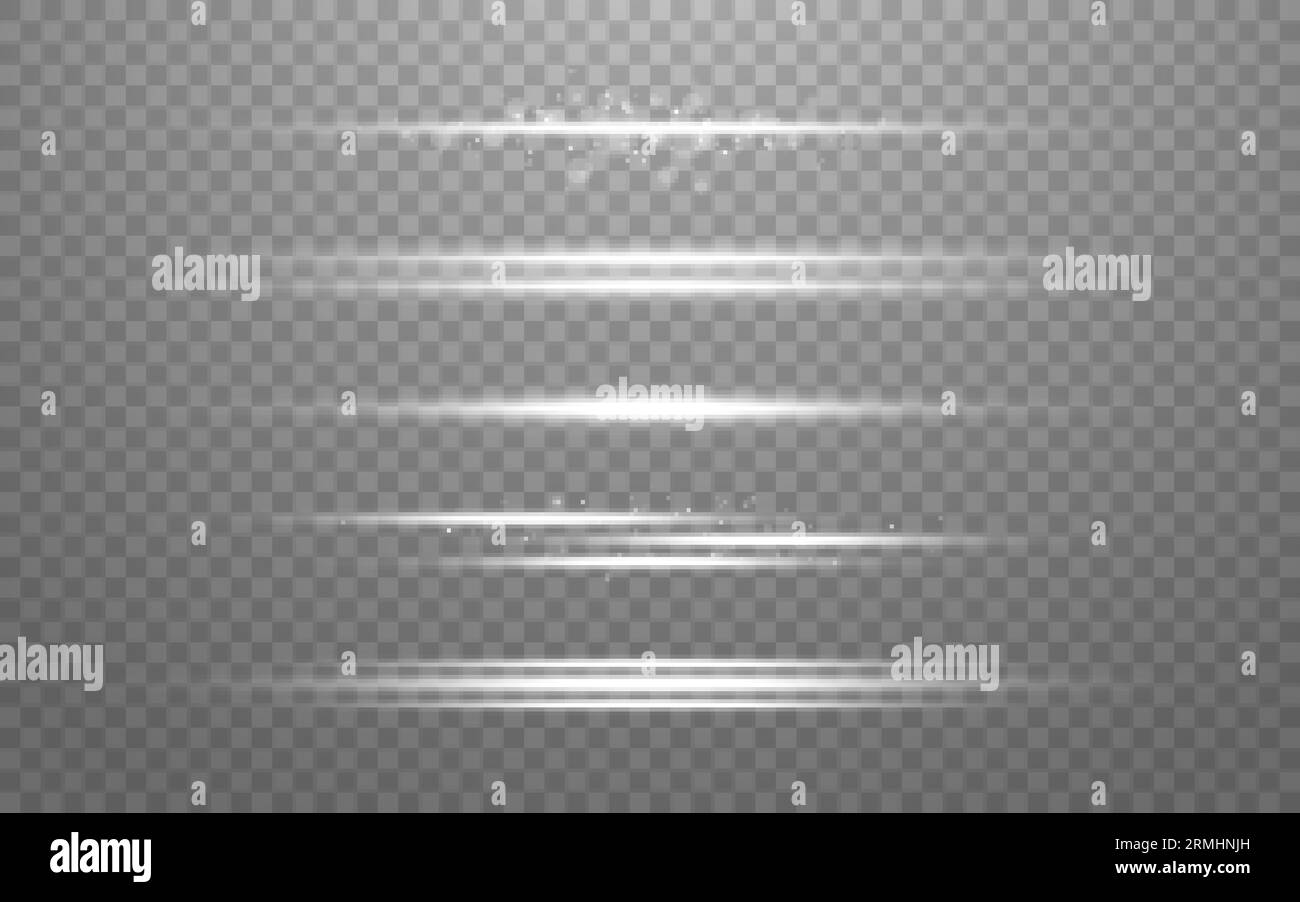 Glow lines. Silver beams set. Horizontal shiny flashes. White light ...