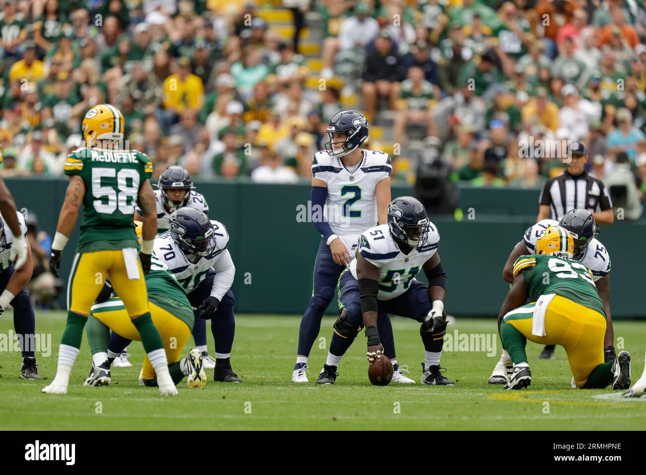 Seattle Seahawks quarterback Drew Lock (2) lines up with the offense ...