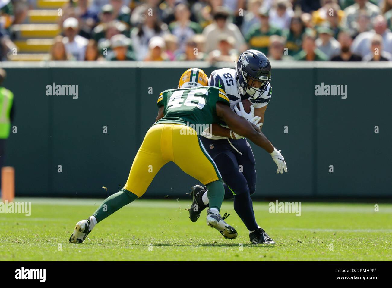 Seattle Seahawks tight end Tyler Mabry (85) is hit after making a catch ...