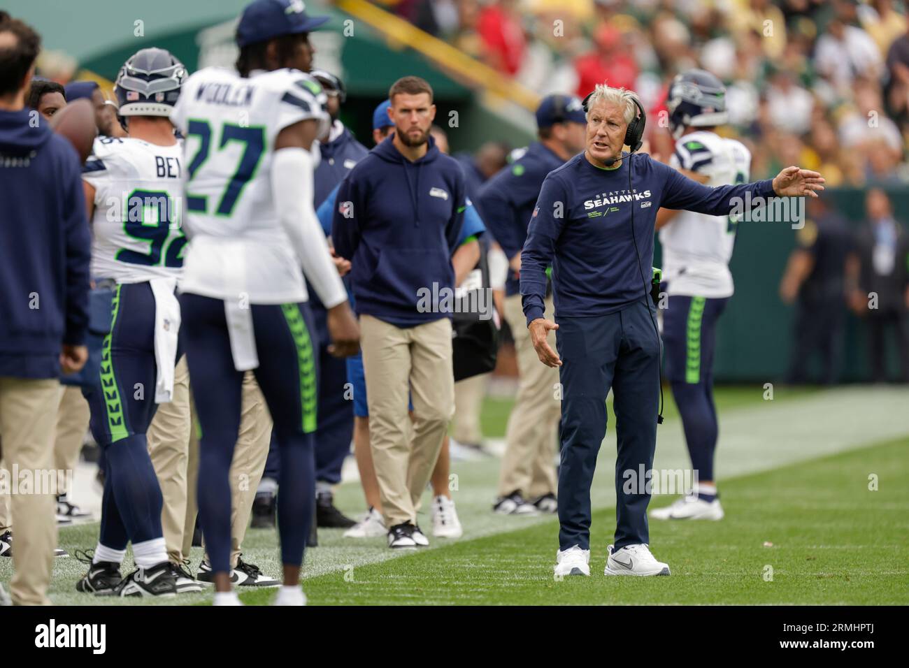 Seattle Seahawks head coach Pete Carroll talks to his team during a ...