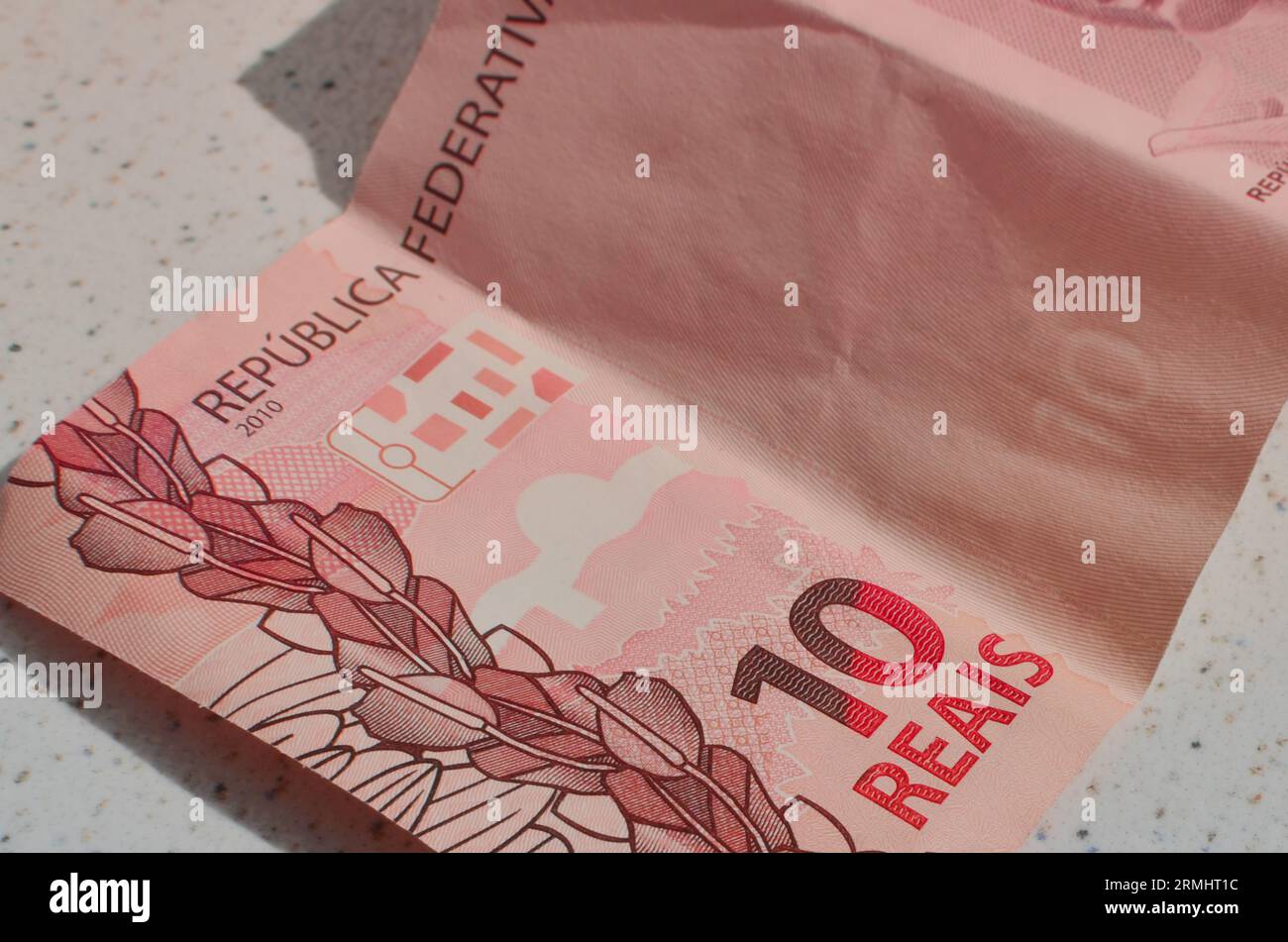 Detail of the 10 reais do Brasil banknote, a Brazilian currency ...