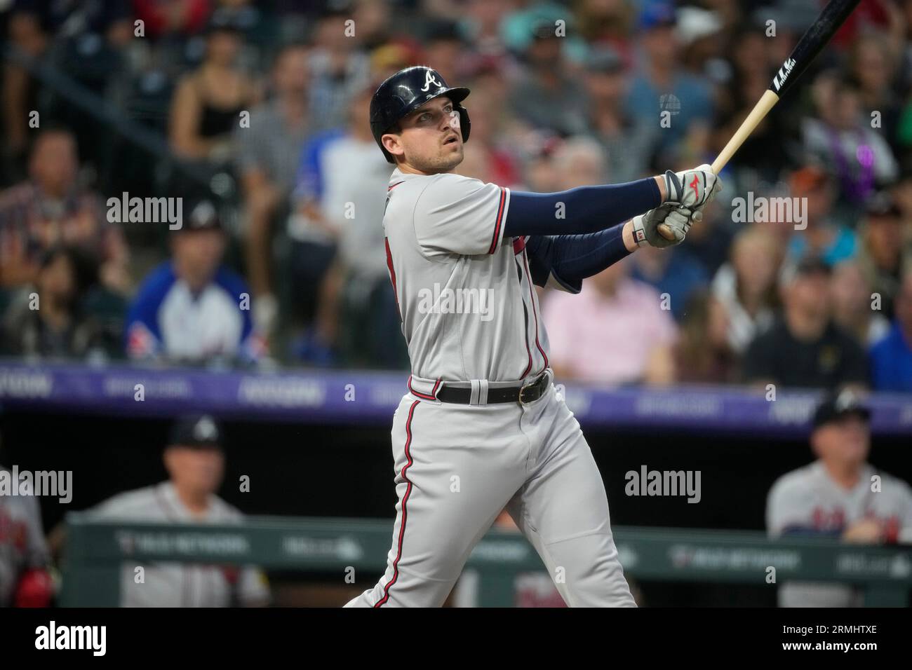 Atlanta Braves' Austin Riley follows the flight of his two-run home run ...