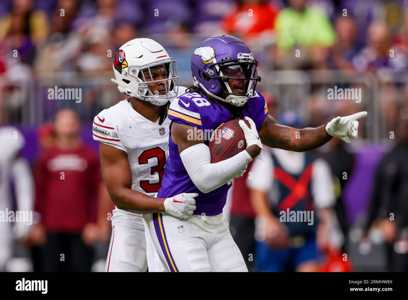 Minnesota Vikings wide receiver Jacob Copeland (28) reacts after a play ...