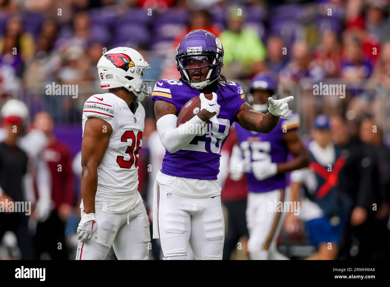 Minnesota Vikings wide receiver Jacob Copeland (28) reacts after a play ...