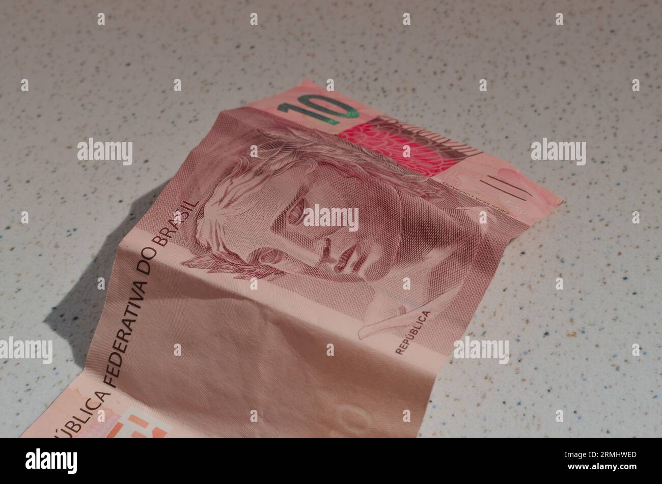 Detail of the 10 reais do Brasil banknote, a Brazilian currency ...