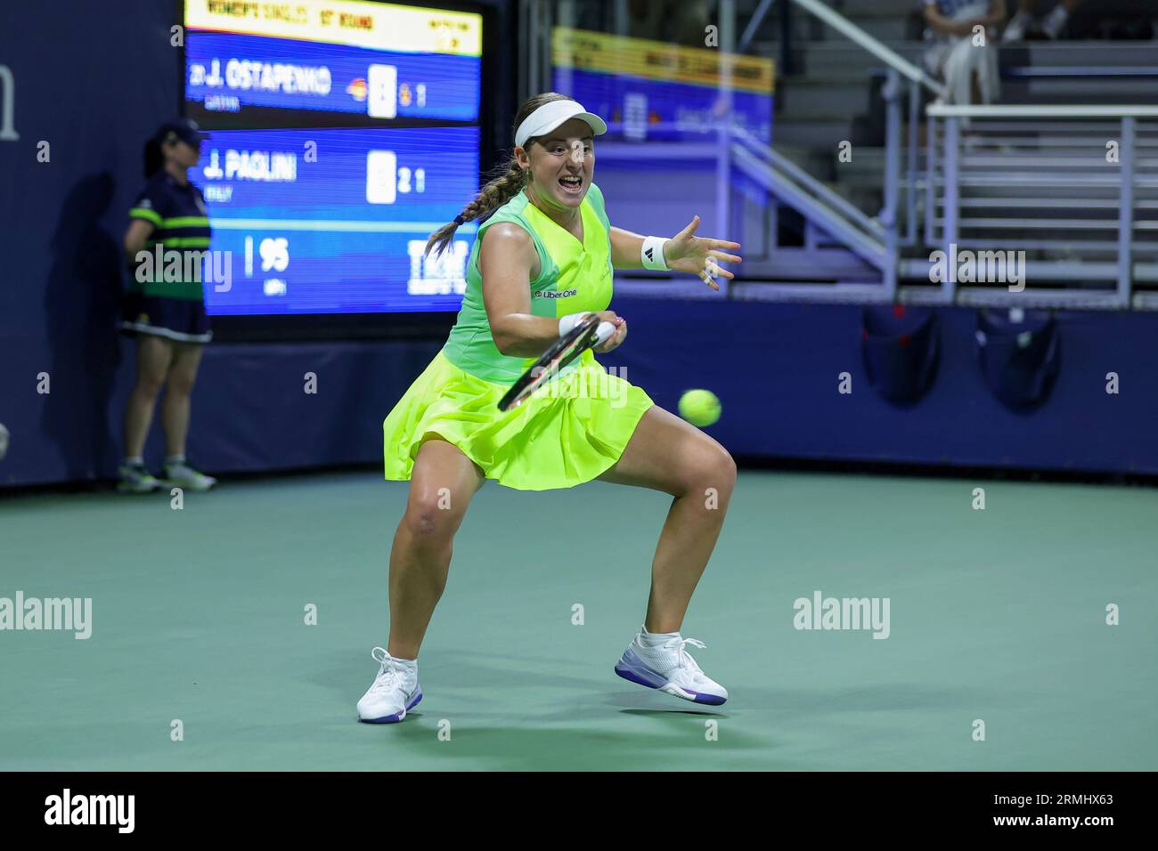 Jelena Ostapenko in action during a women's singles match at the 2023 ...
