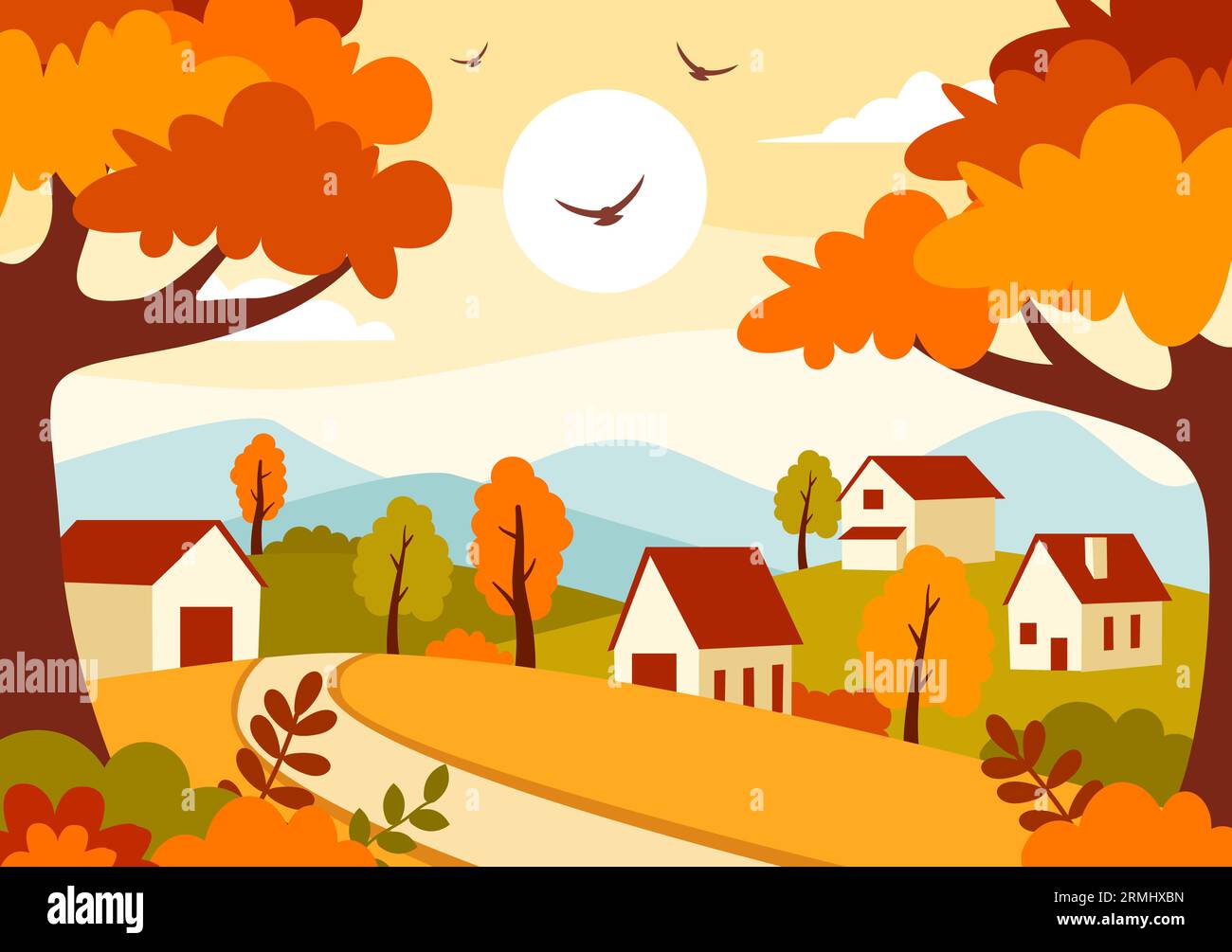 Autumn Landscape Background Vector Illustration with Mountains, Fields ...