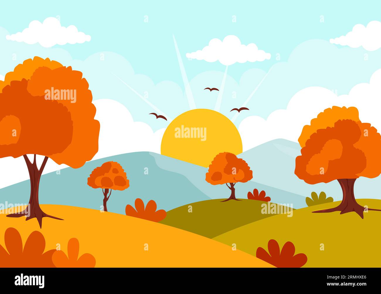 Autumn Landscape Background Vector Illustration with Mountains, Fields ...