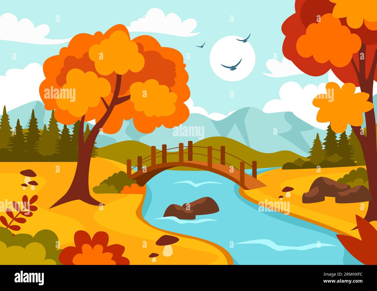 Autumn Landscape Background Vector Illustration with Mountains, Fields ...