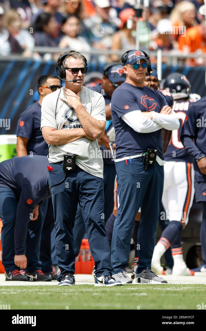 Chicago Bears head coach Matt Eberflus, left, stands on the sidelines ...