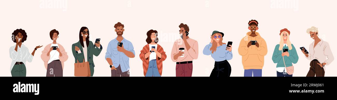 Crowd of modern men and women using phone to communicate, group of ...