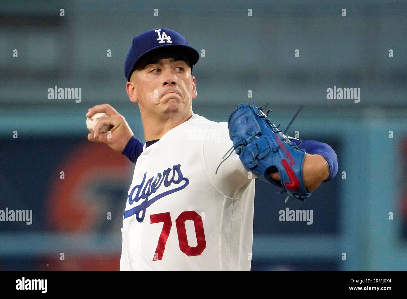 Los Angeles Dodgers starting pitcher Bobby Miller throws to the plate ...