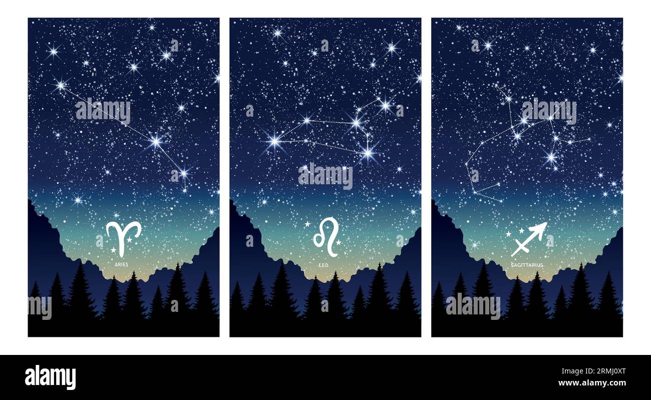 Aries, leo and sagittarius, fire elements. Set of astrology cards ...