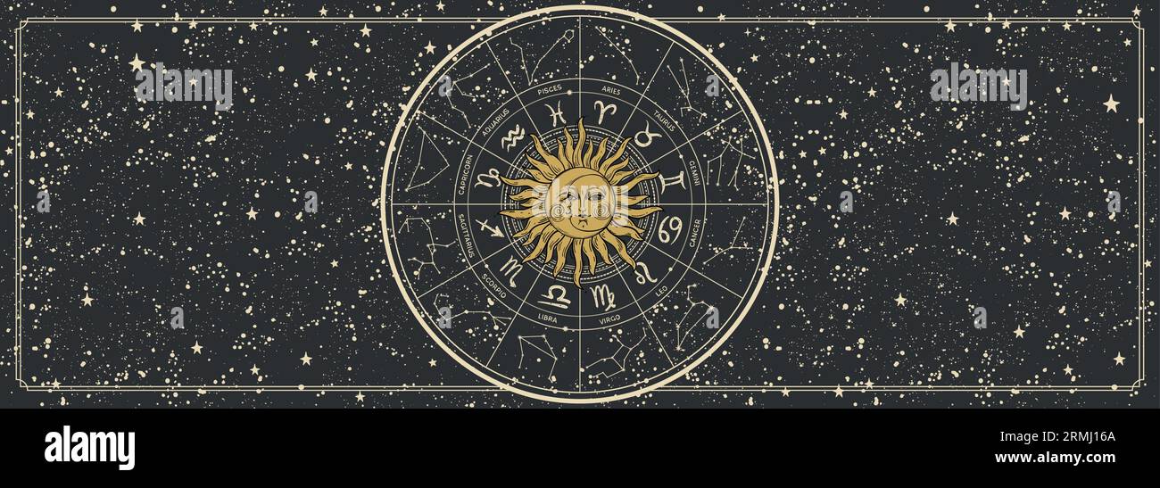 Wheel with zodiac signs, constellations and astrological symbols ...