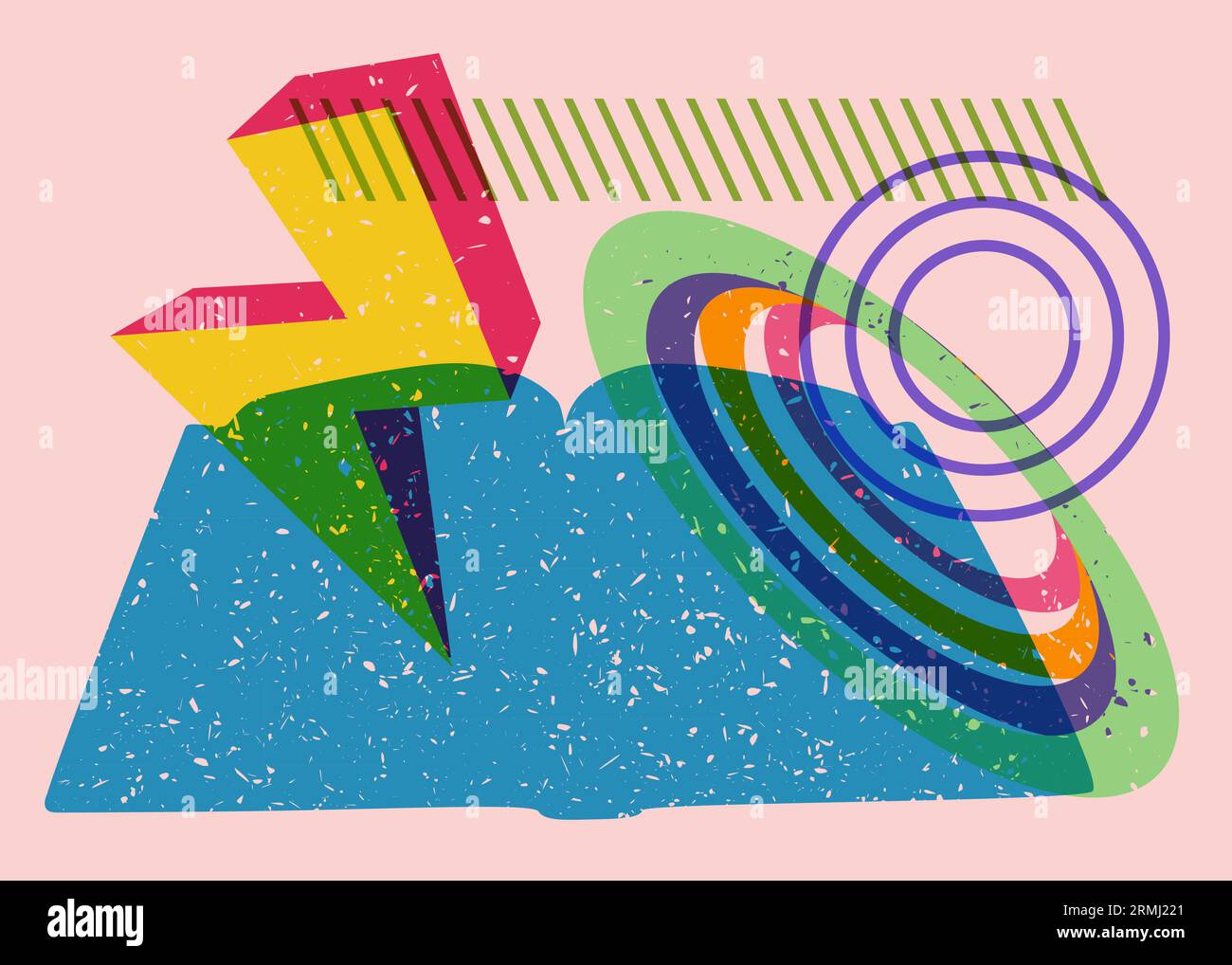 Book and colorful geometric shapes. Educational Object in trendy riso ...