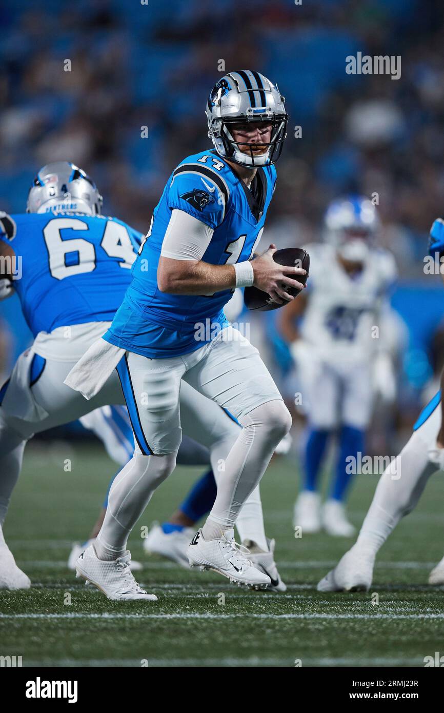 Carolina Panthers quarterback Andy Dalton (14) turns to hand the ball ...