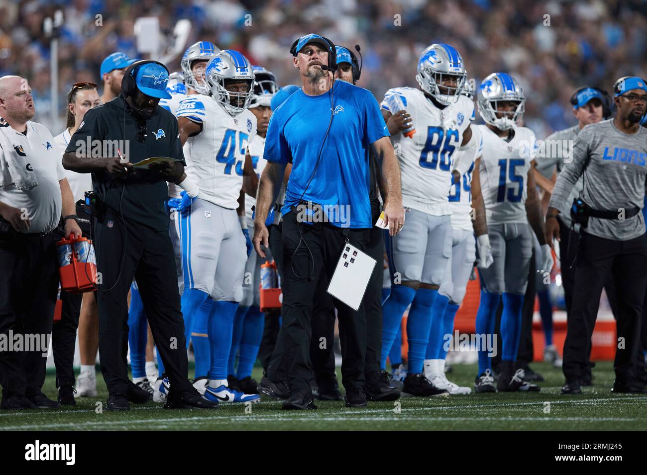 Detroit Lions head coach Dan Campbell looks up at the scoreboard during ...