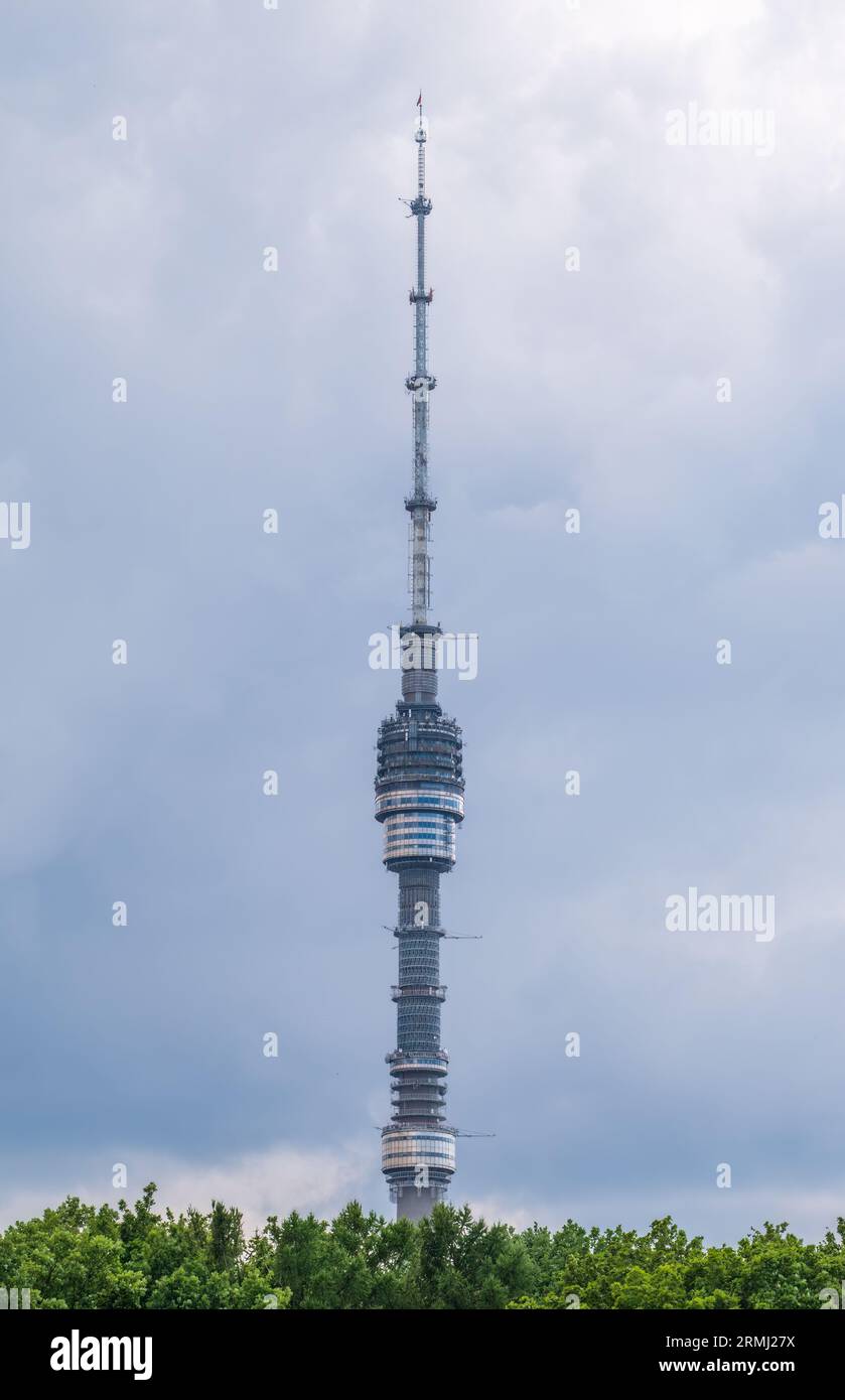 Ostankino tower on blue sky, Moscow television and broadcasting tower ...