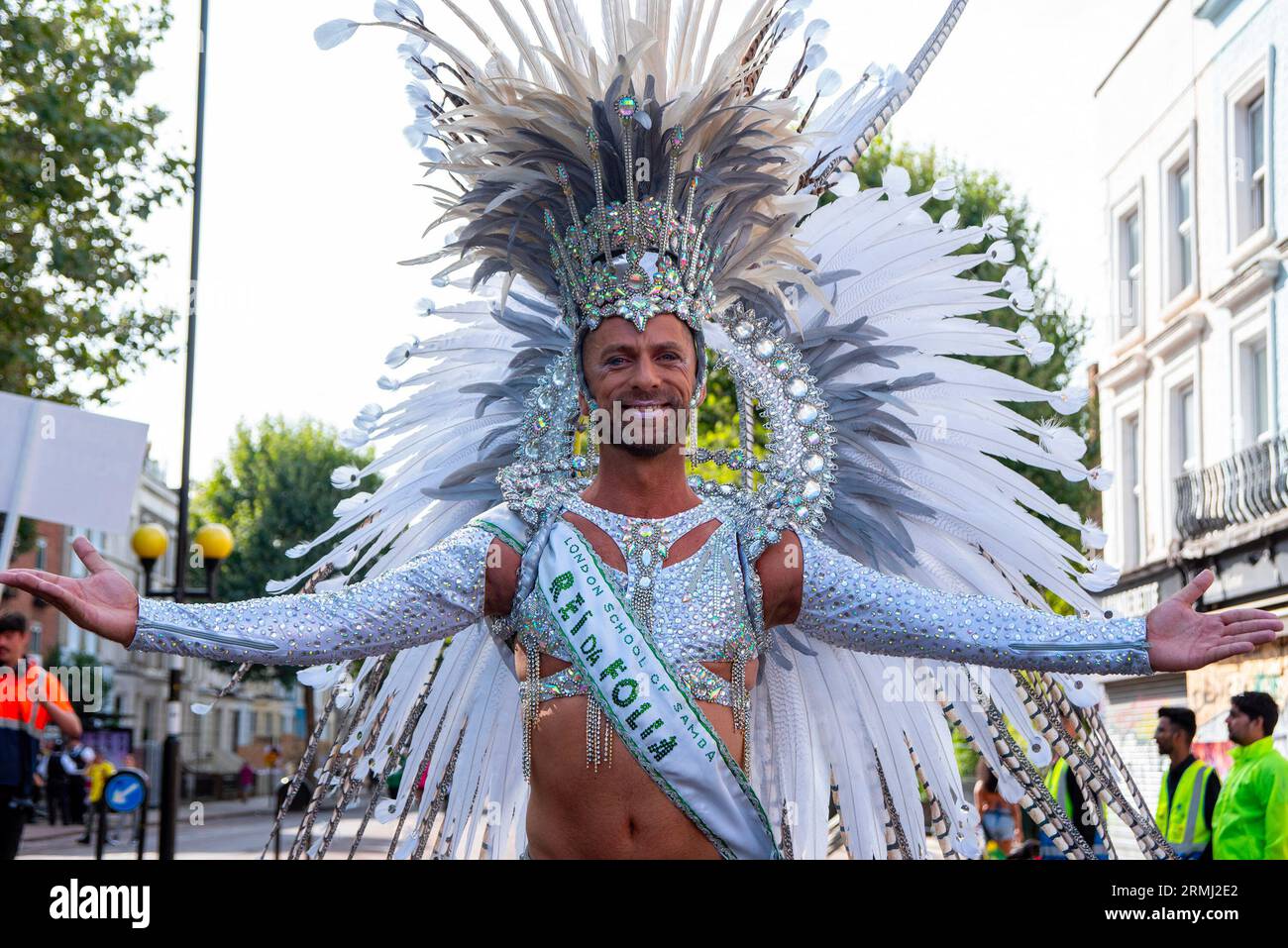 A male Brazilian samba dancer seen posing for a photo before the parade ...