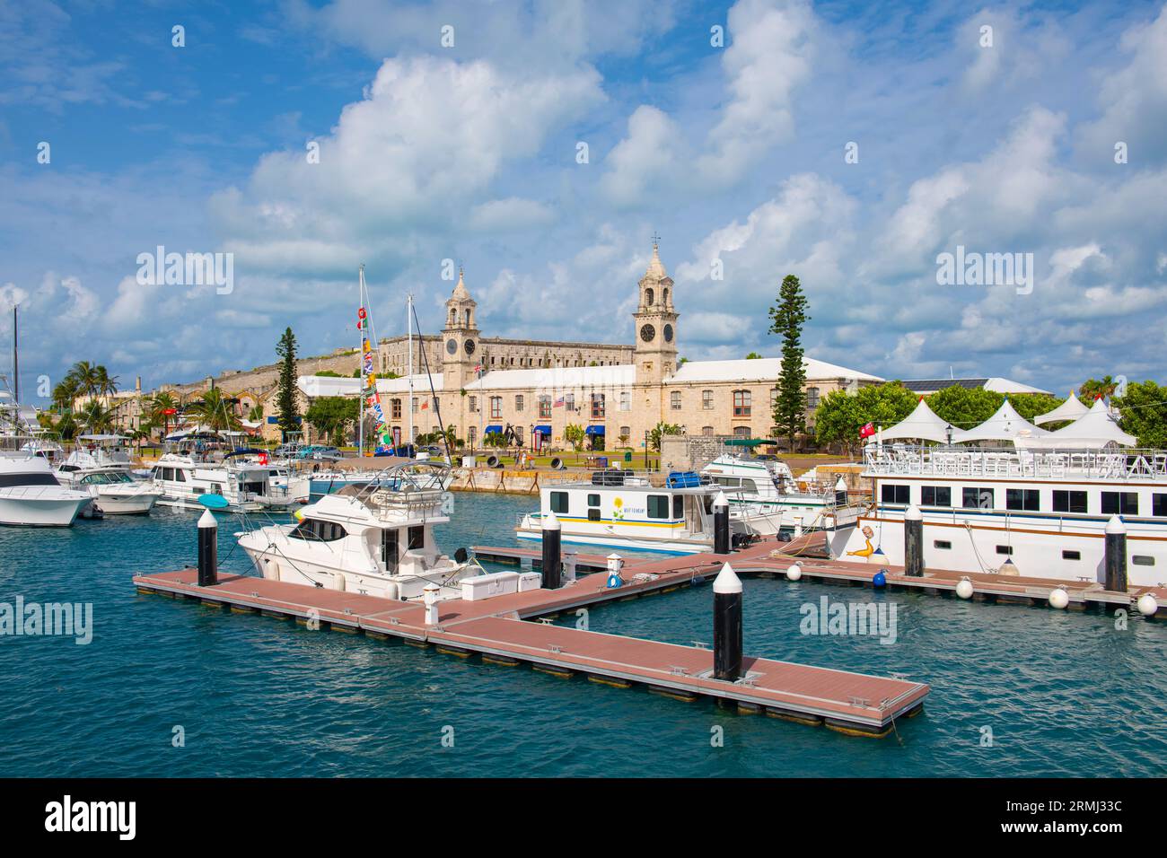Marina at former Royal Naval Dockyard with Store House Clock Tower at ...