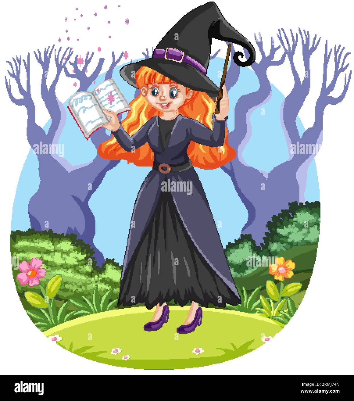 A fantasy witch casts a spell in a mystical forest, surrounded by trees ...