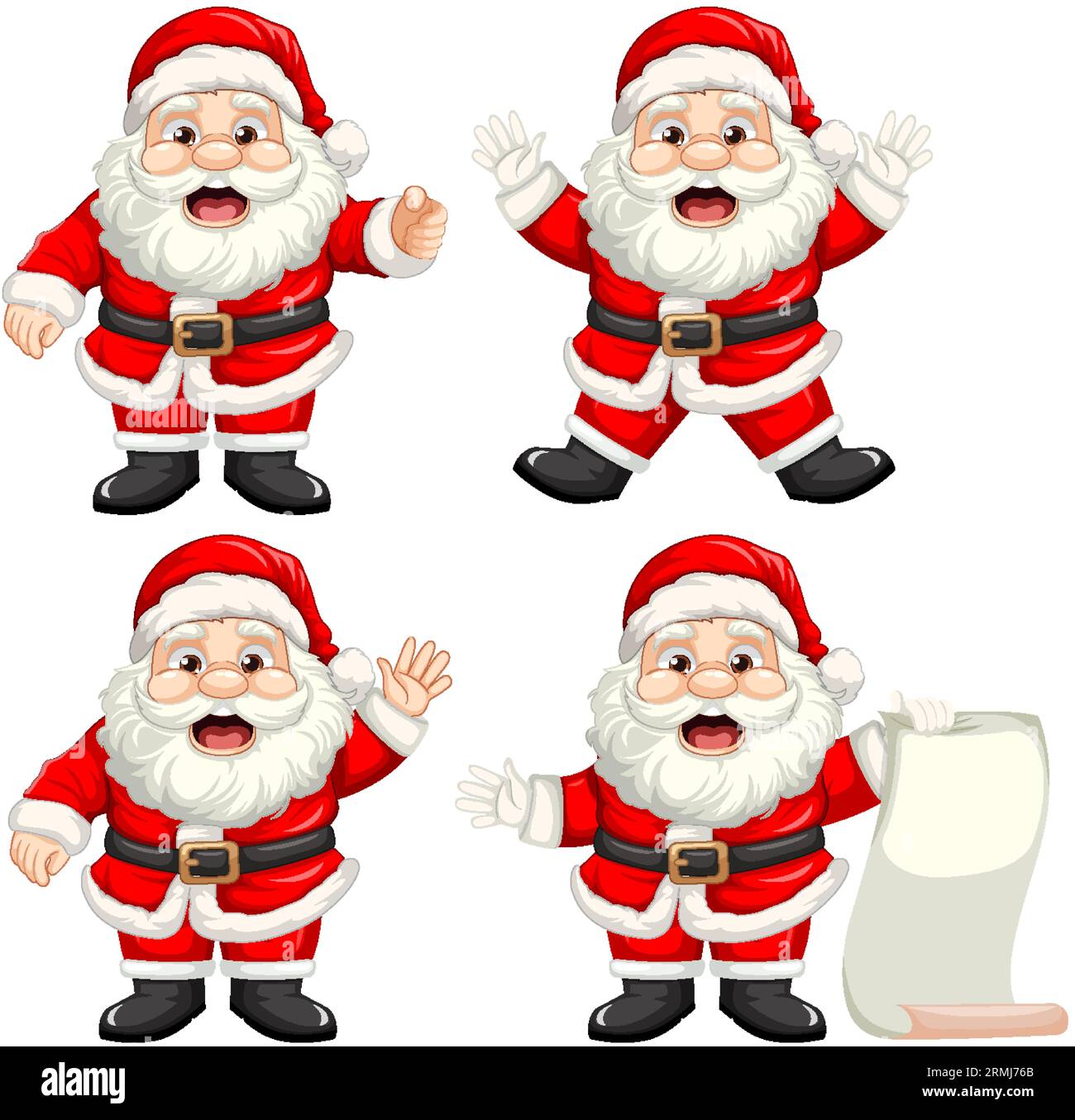 A vector cartoon illustration featuring four Santa Claus characters in ...