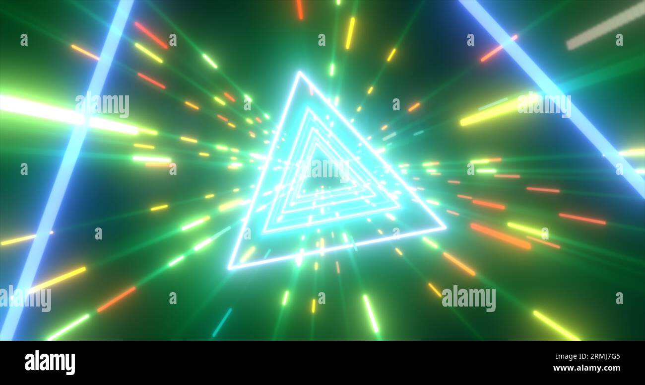Abstract green energy futuristic hi-tech tunnel of flying triangles and ...