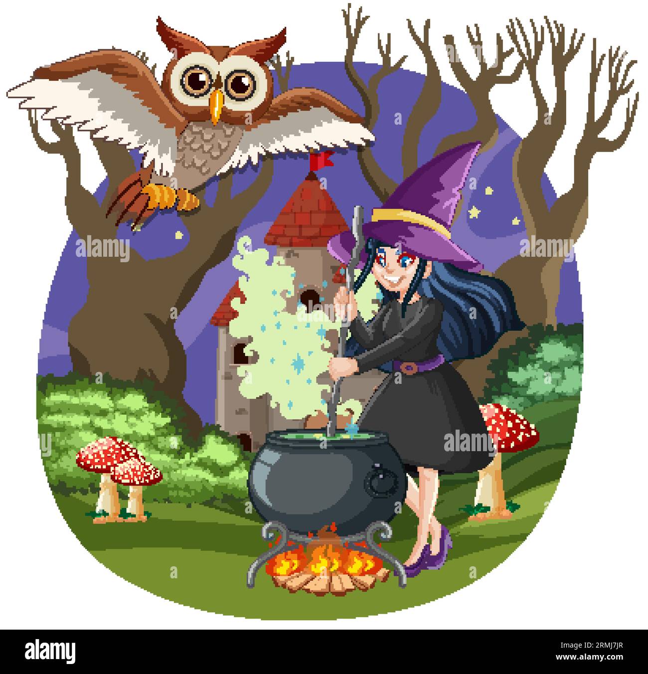 A fantasy witch is brewing a mysterious potion in a dark forest, with ...