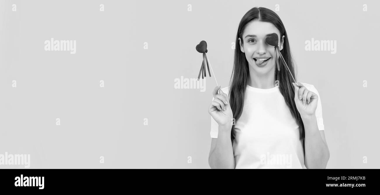 Woman isolated face portrait, banner with copy space. positive girl ...