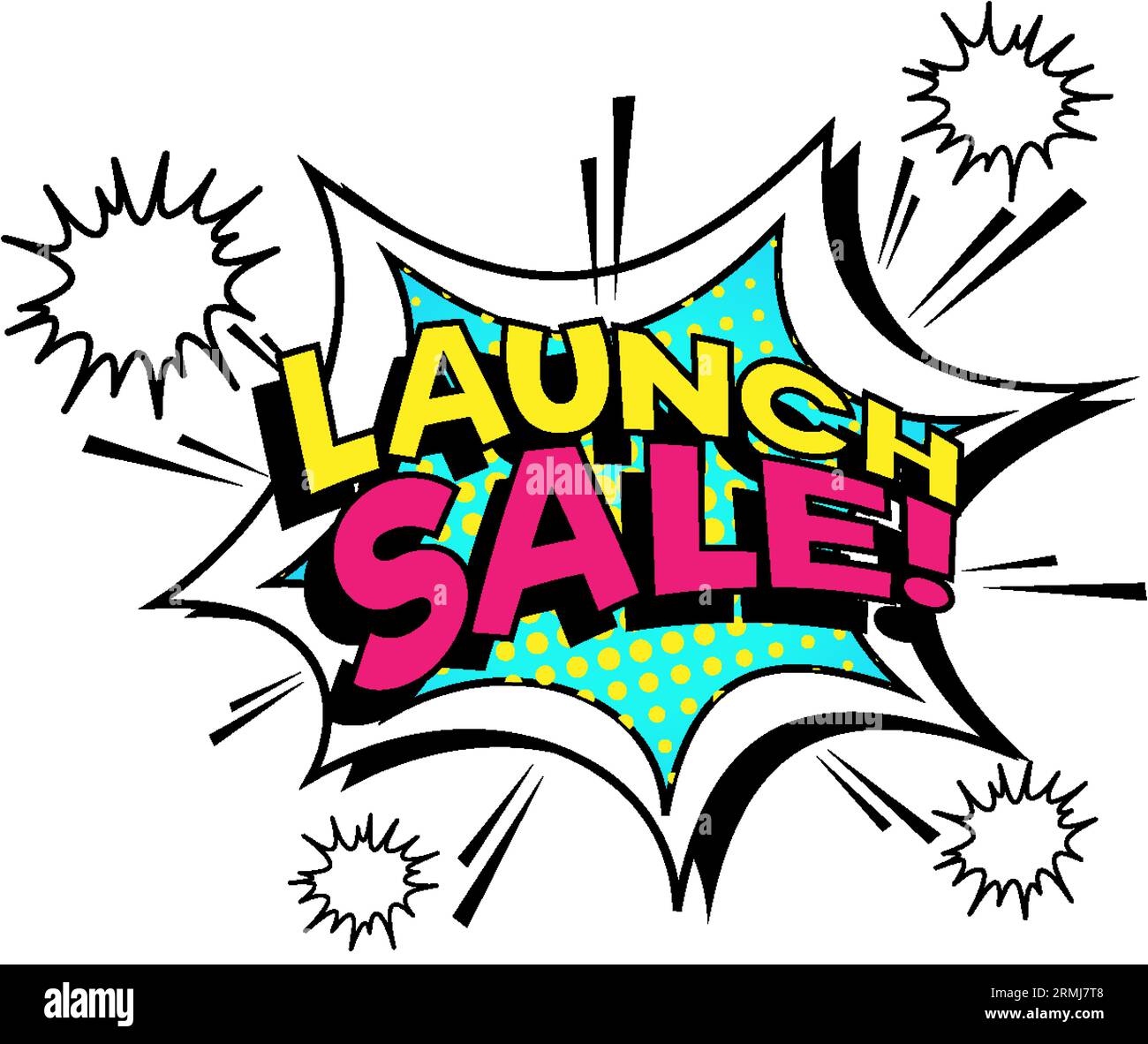 Vector cartoon illustration of a retro comic style launch sale icon ...