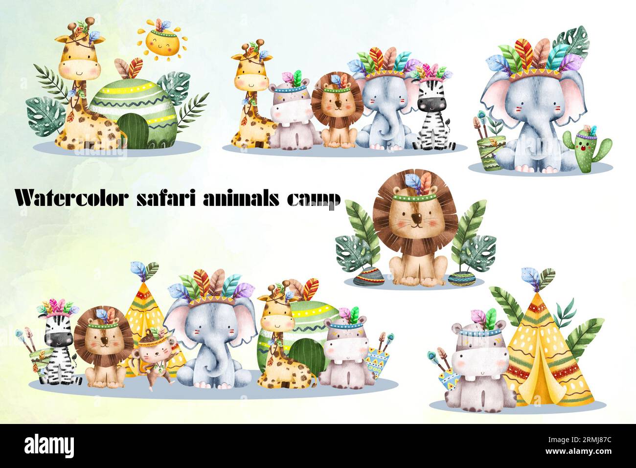 Watercolor safari animals camp collection Stock Photo - Alamy