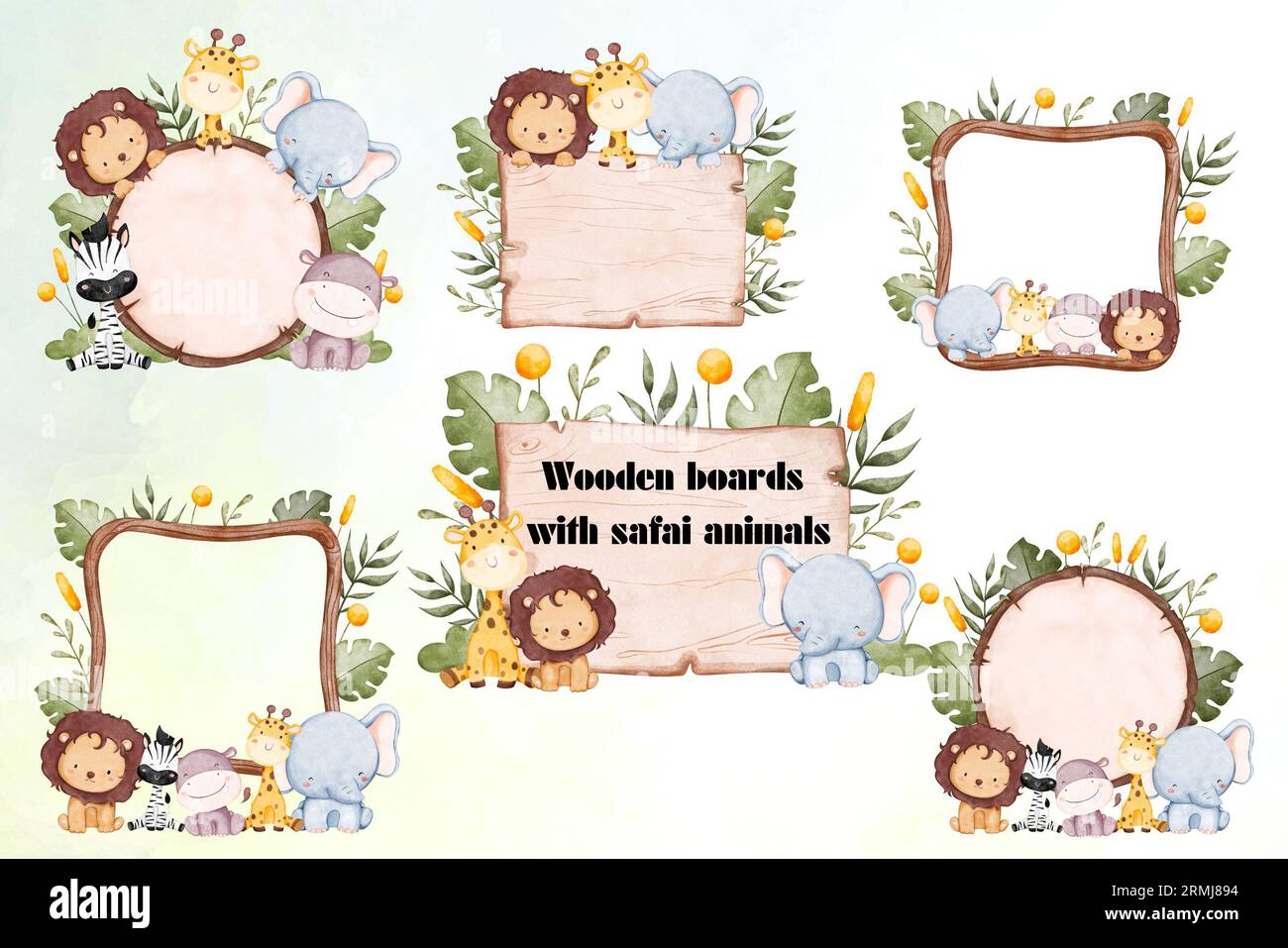 Wooden boards with safari animals set Stock Photo - Alamy